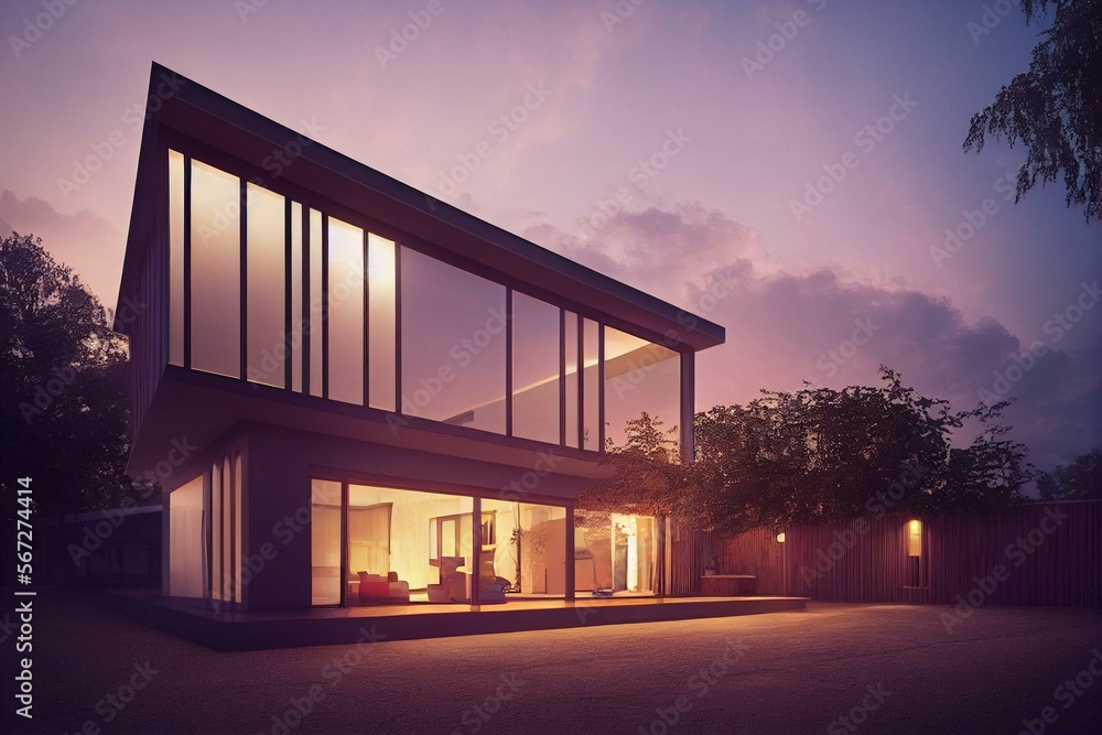 Illuminated by lamps house contemporary house exterior in rays of ...