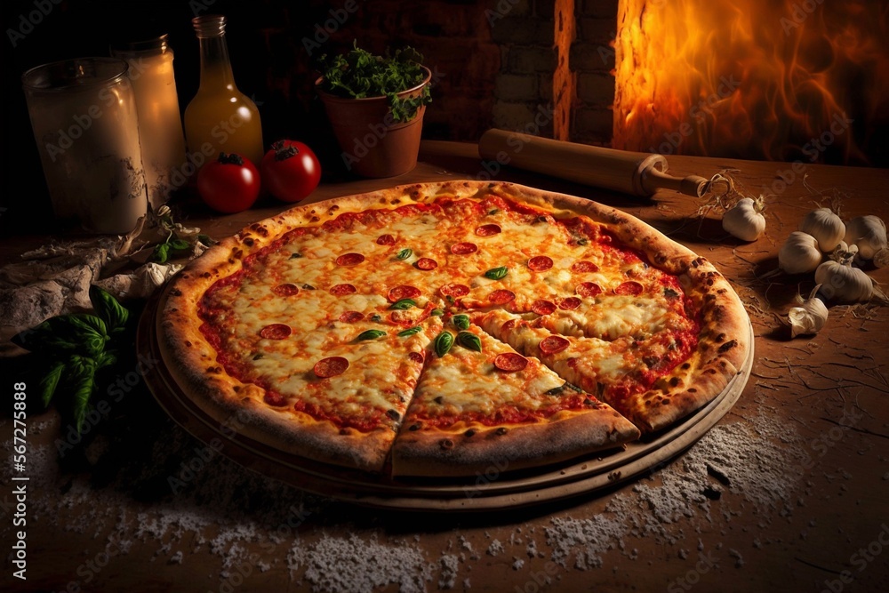 Photo of a mouth-watering pizza with melted cheese, juicy toppings and ...