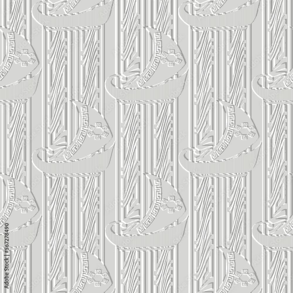 Sailing ships emboss 3d white seamless pattern. Greek surface textured ...