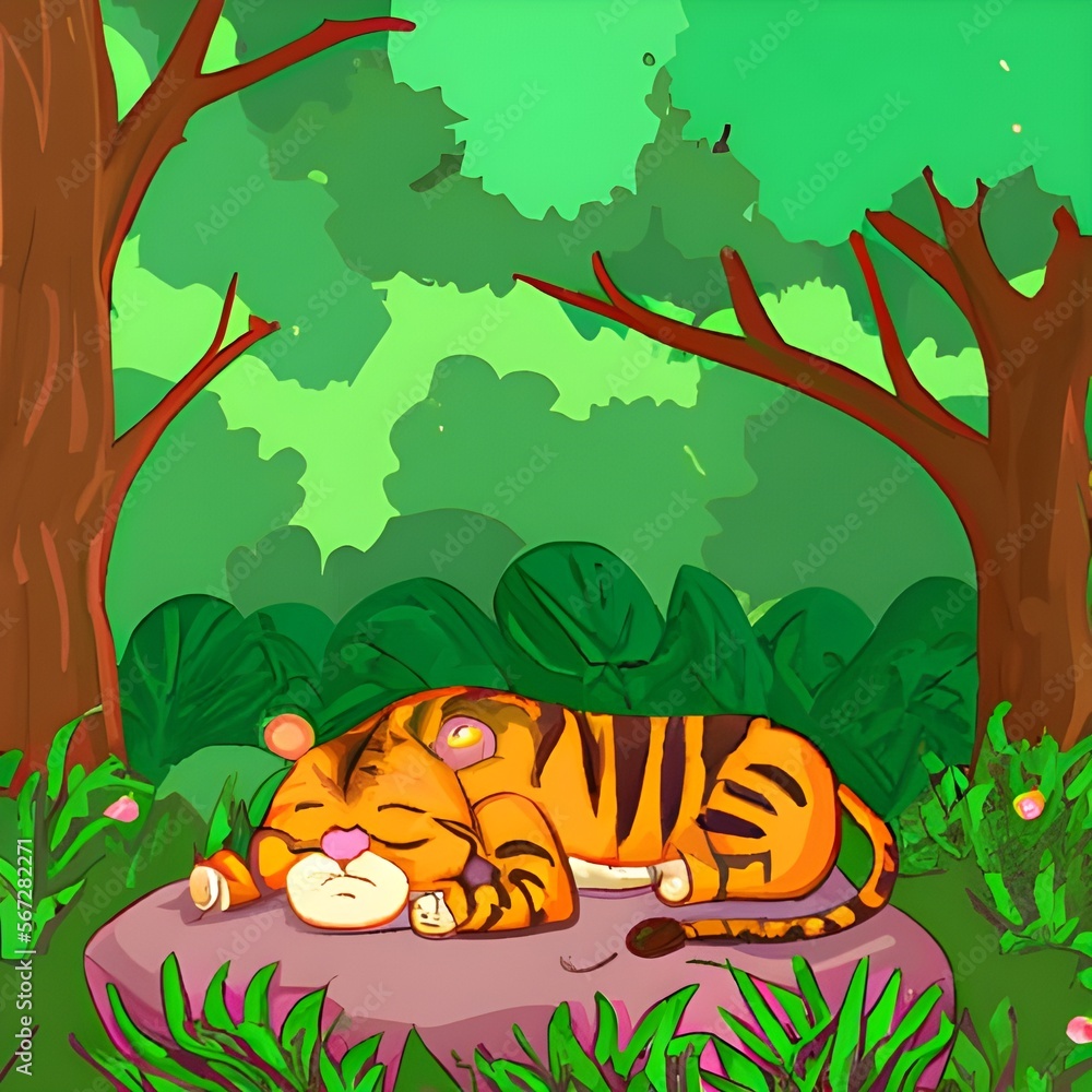 Tiger sleeping in the forest in cartoon style. Generative AI. Stock ...