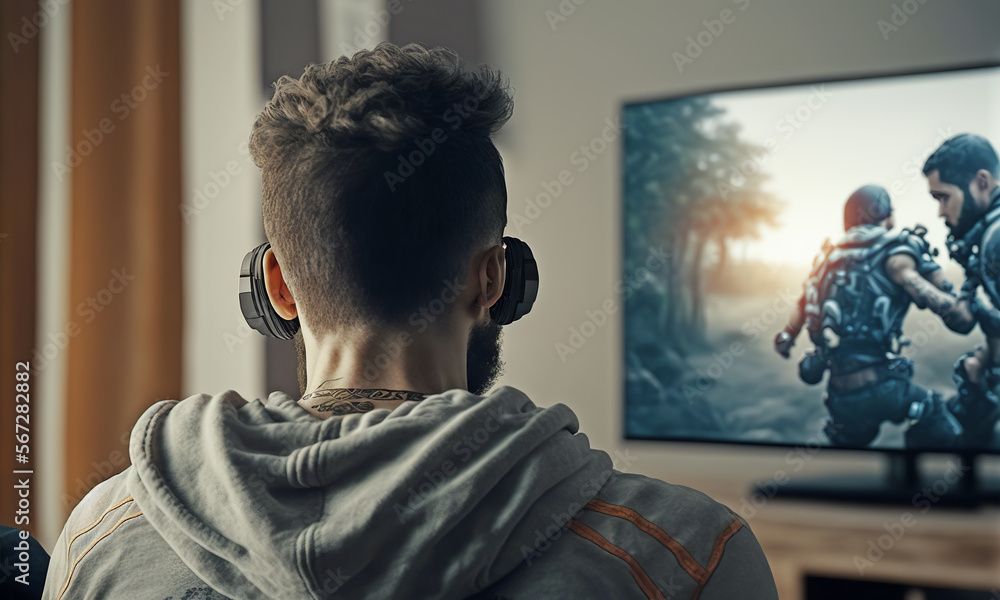 Man playing video games in his room. Back view of a gamer sitting in ...