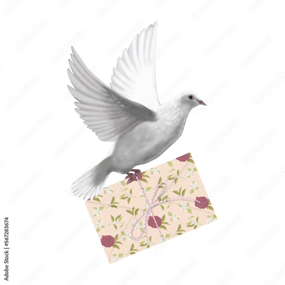 Postal white dove flying with an envelope with a floral print, in paws ...