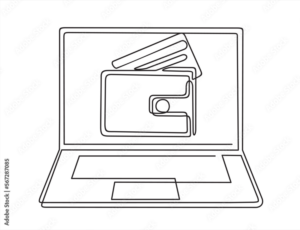Continuous one line drawing of laptop and wallet with credit card ...