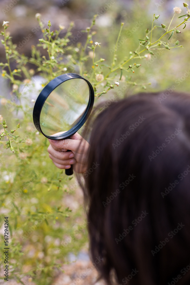 The boy is studying nature with a magnifying glass. A small child looks ...