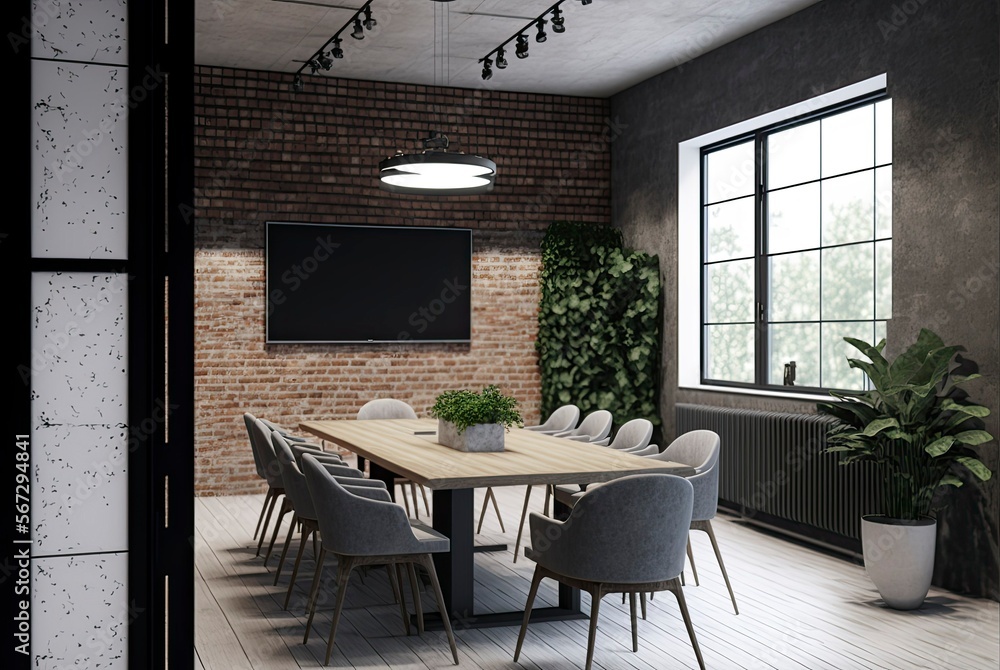 Meeting zone in a loft-style office with white brick walls, concrete ...