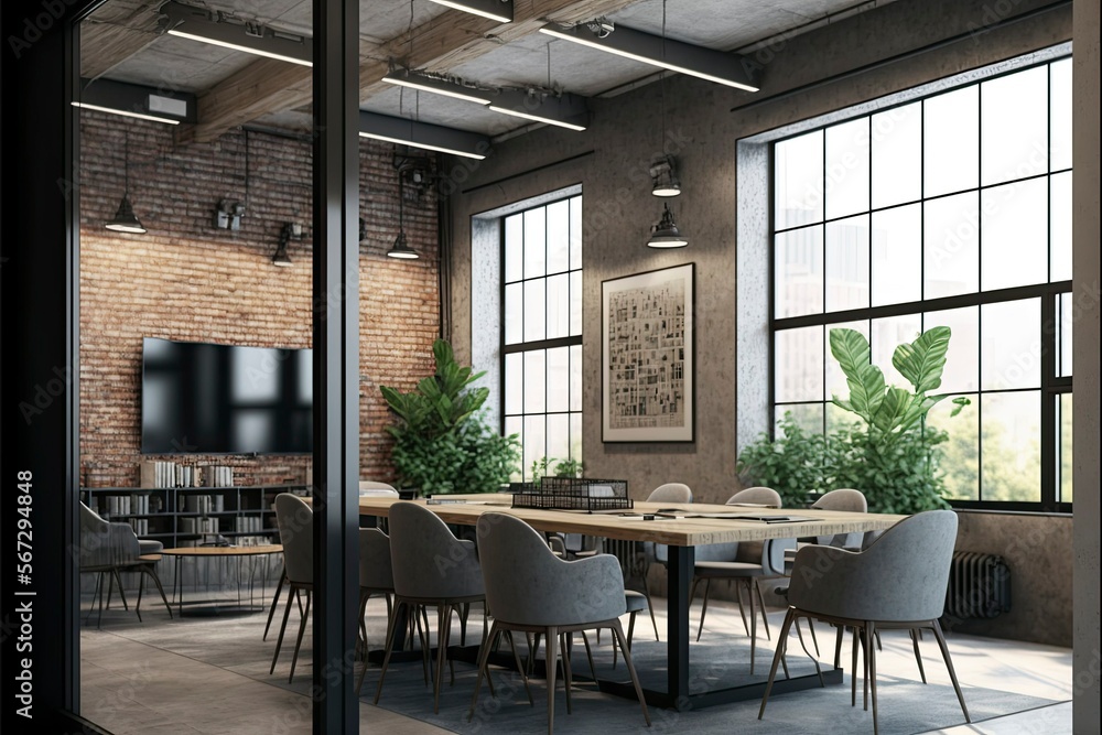 Meeting zone in a loft-style office with white brick walls, concrete ...