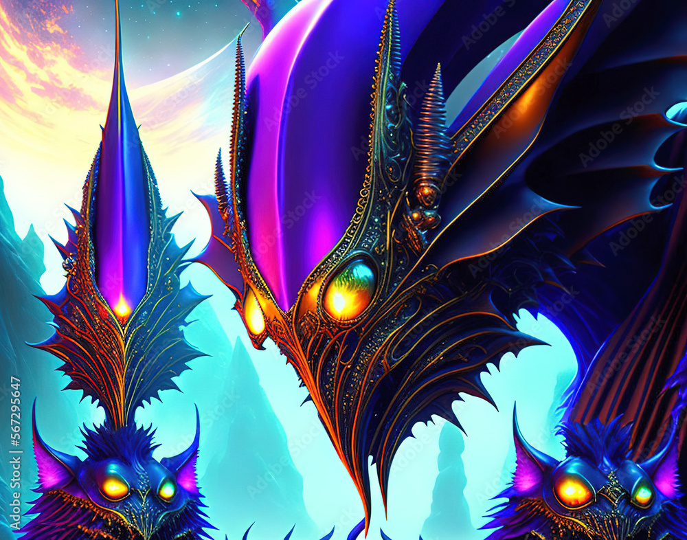 A purple metallic fantasy alien monster with sharp teeth and spiky ...