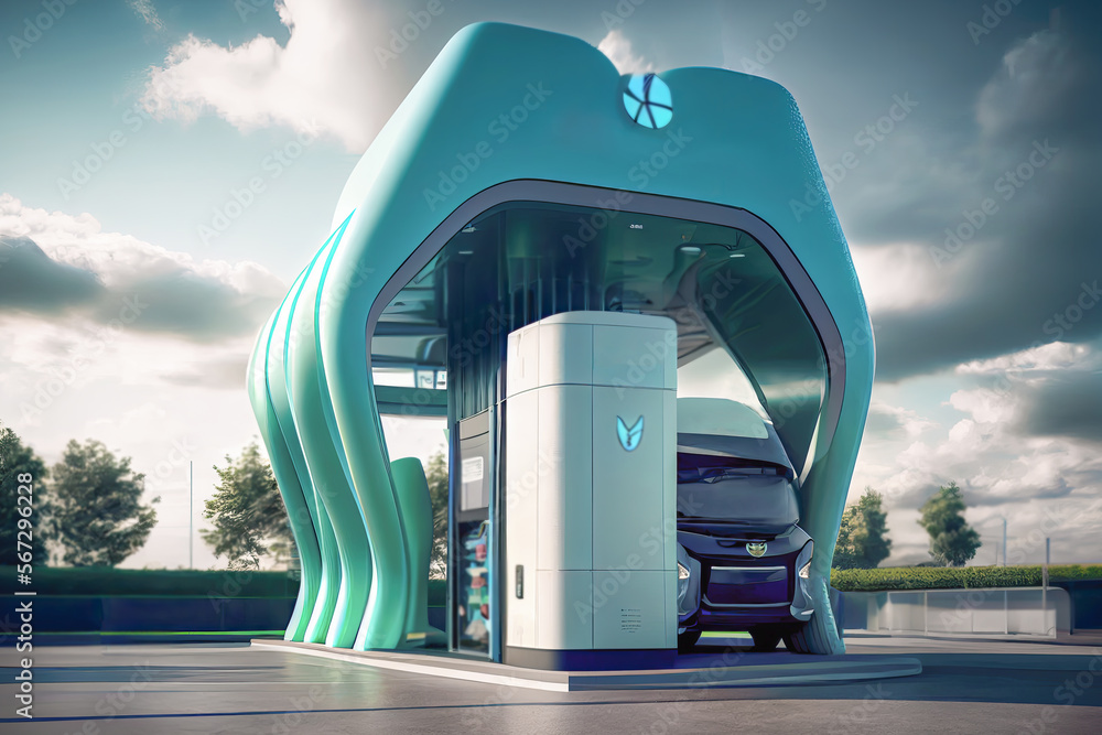 A hydrogen or electric refueling station with an elegant and futuristic ...