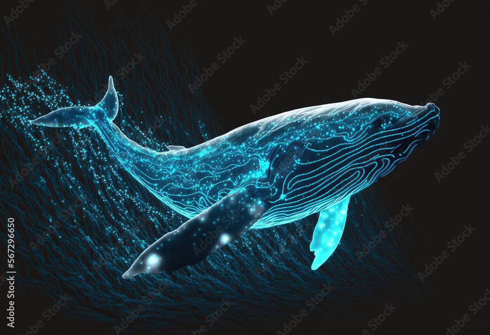 Abstract colorful illustrated neon blue whale isolated on black ...