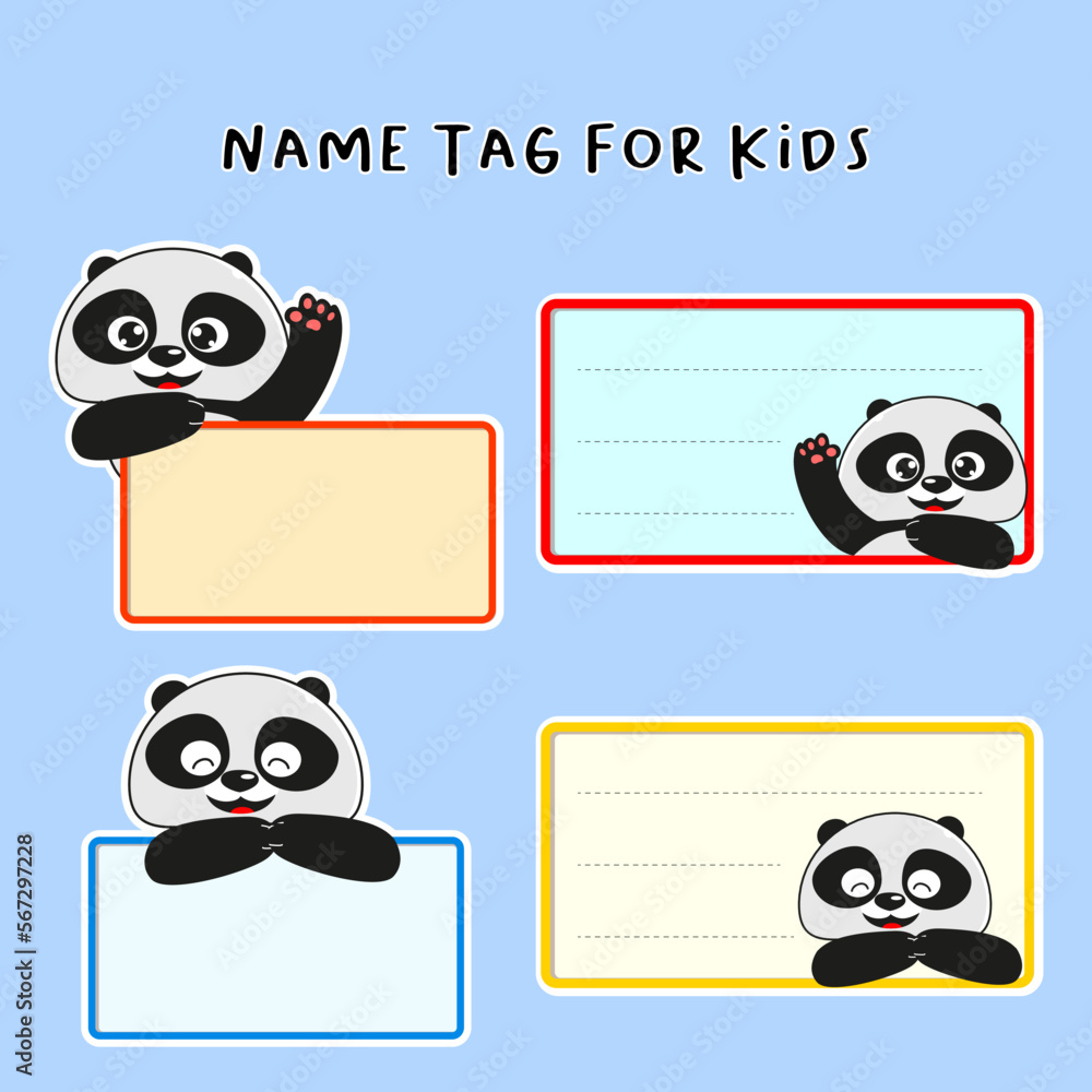 vector cartoon illustration with colorful cute panda for kid name tag ...