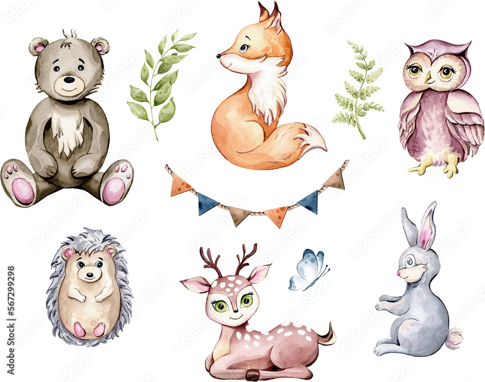 Woodland Forest Animals clipart. Cute little fox, rabbit, bear ...