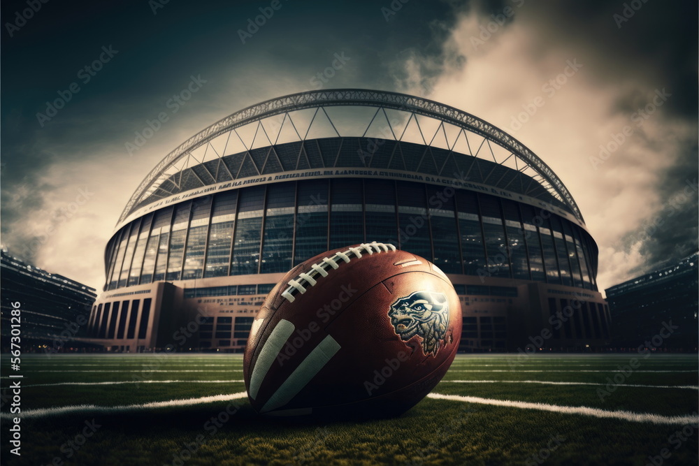 nfl, ball on ground with stadium background, green grass, Made by AI ...