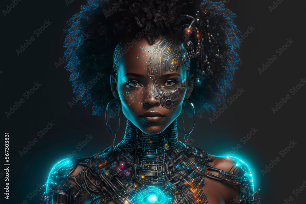 Generative AI image of a young attractive black cyborg woman as half ...