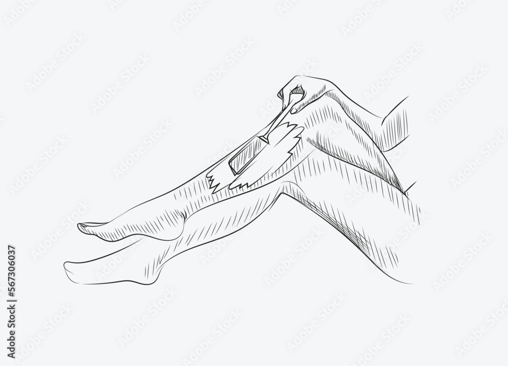 Hand draw sketch of shaving leg with razor. vector illustration on ...