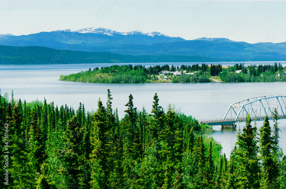 Alaska Highway and Nisutlin Bay Bridge across Teslin lake in Yukon ...