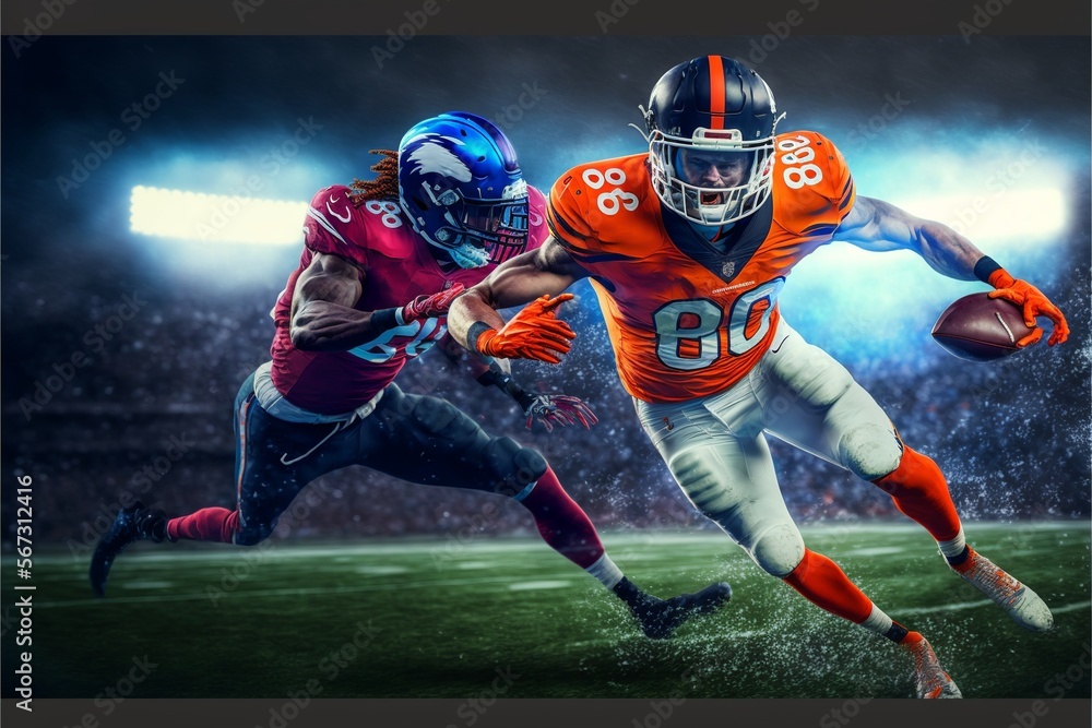 two american football players playing a game, one of them in a blue ...