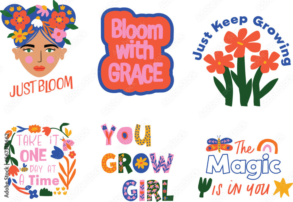 Cute set of colorful matisse style spring illustrations of floral ...