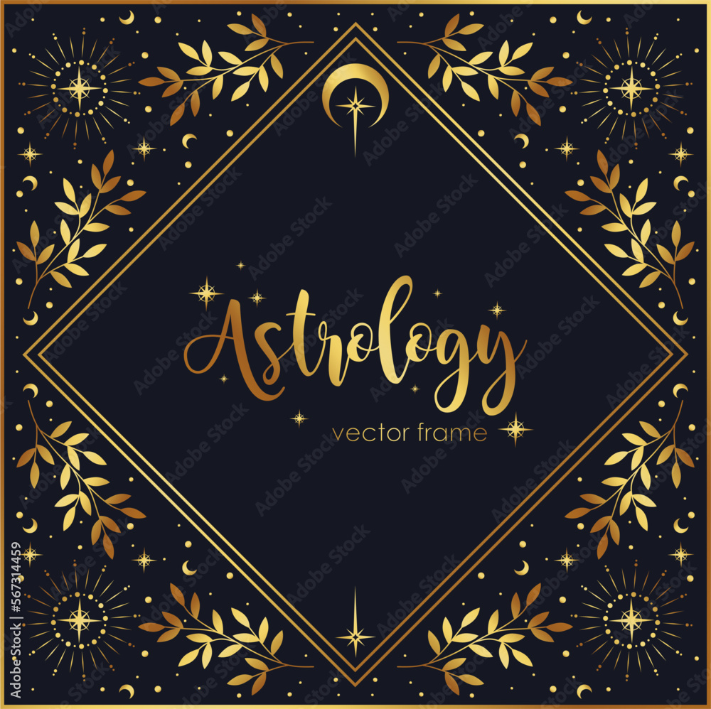 Vecteur Stock Magic vector frame with plants, moon, stars and ...