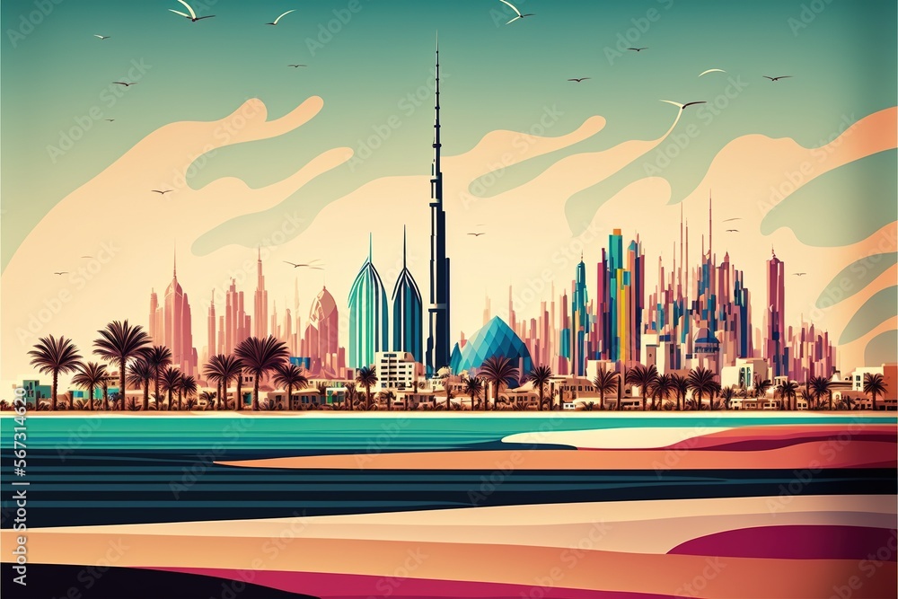 Cartoon United Arab Emirates, Dubai city. Digital art style ...