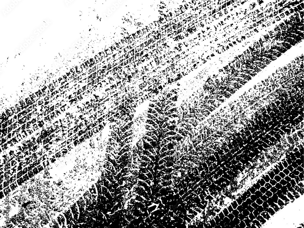 Black and white vector grunge background with texture of tire tracks on ...