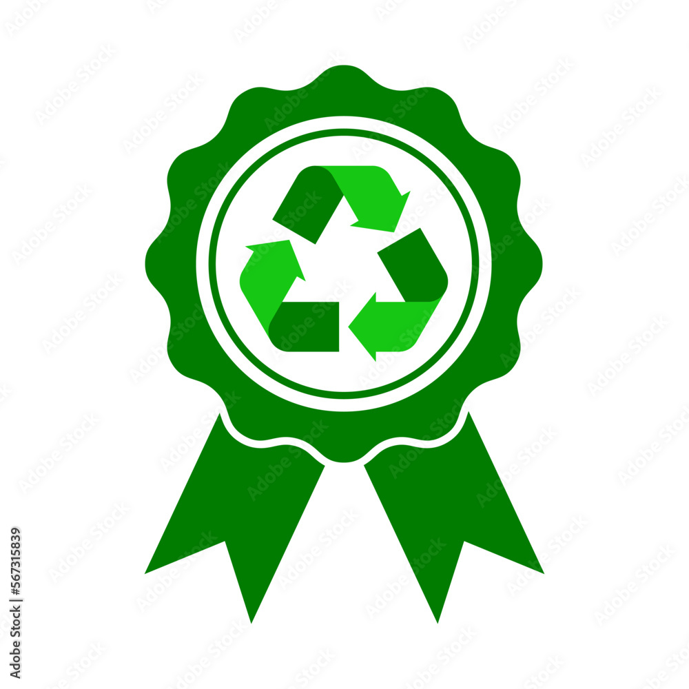 Recycle award ribbon. Green badge with a recycle sign. Seal with a ...