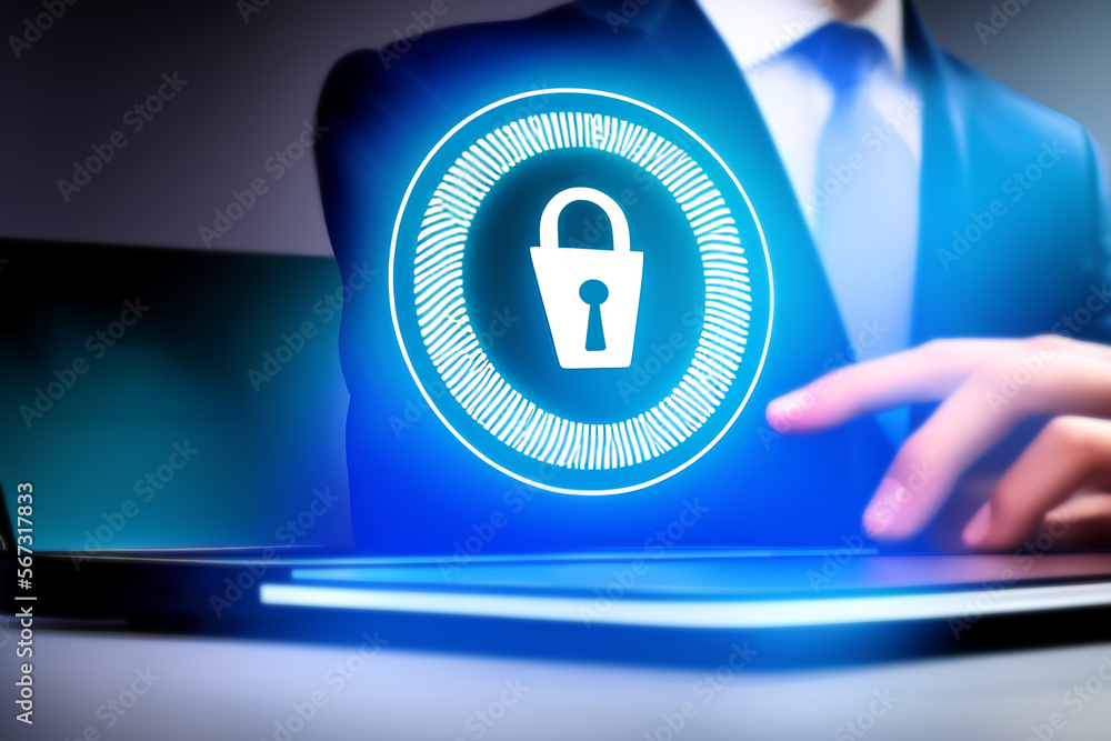 Hologram of a lock with binary code behind representing cybersecurity ...