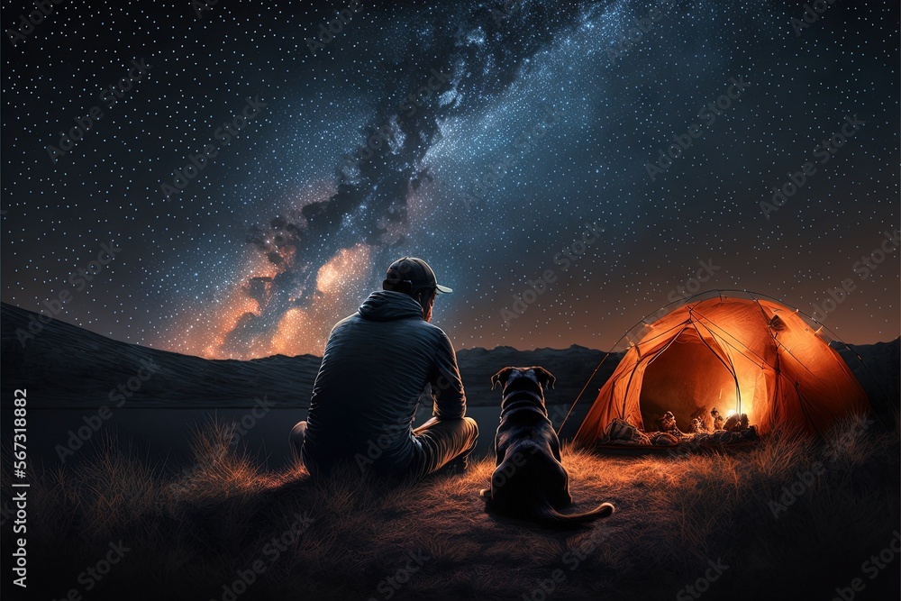camping under starry night sky Milky way watching. man and dog next to ...