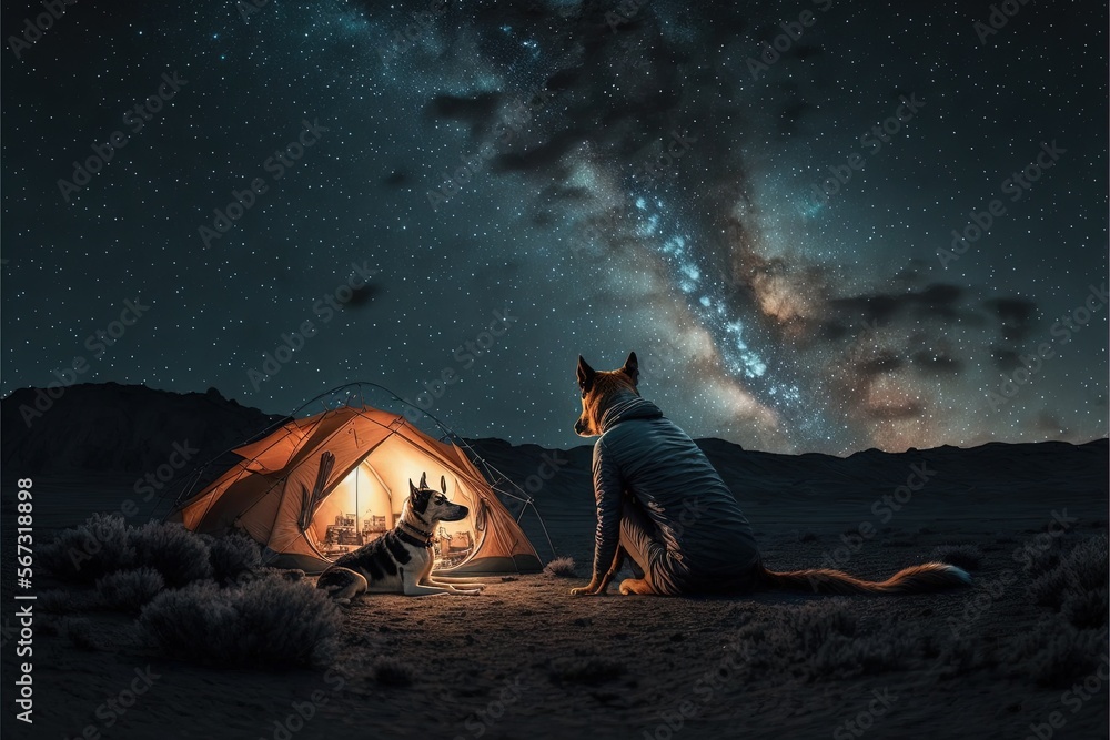 Dogs camping under starry night sky Milky way watching next to tent in ...