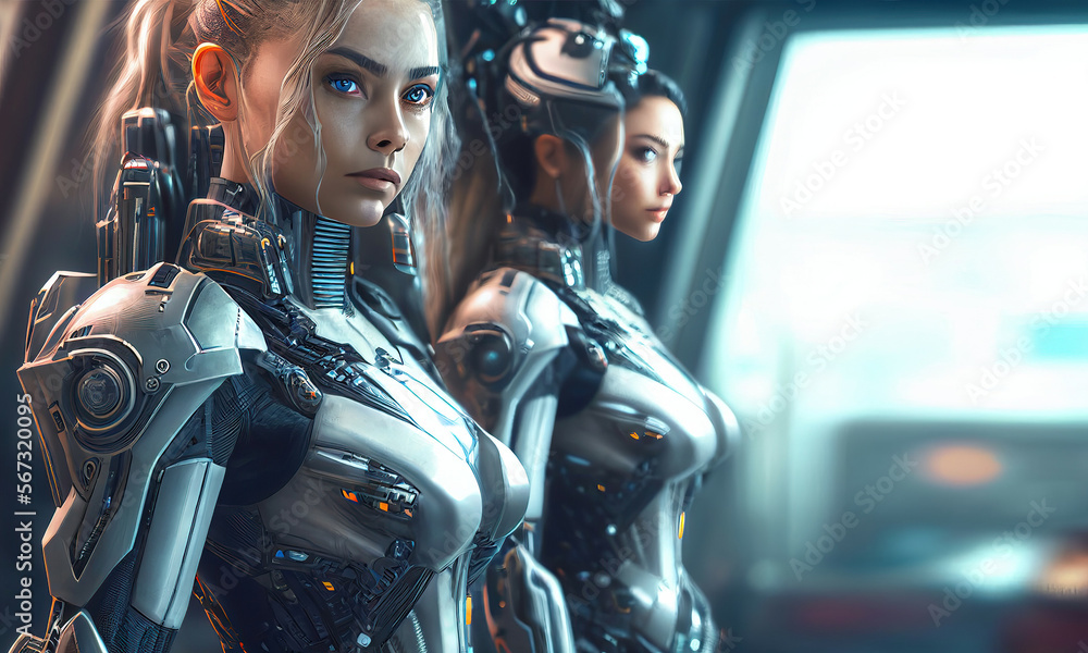 Two attractive sci-fi robotic girls and blurred spaceship on background ...