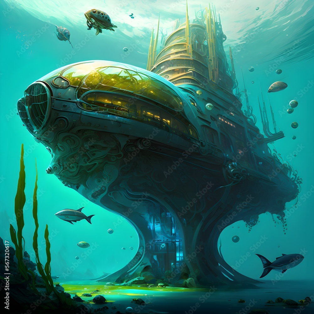 underwater modern architecture complex of alien starship planet robots ...