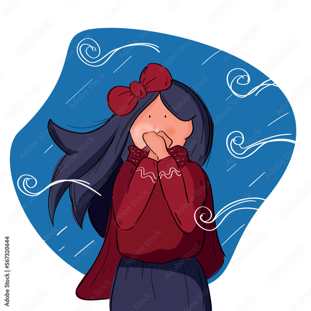 Handmade drawing of a girl with long hair and red bow warming her hands ...