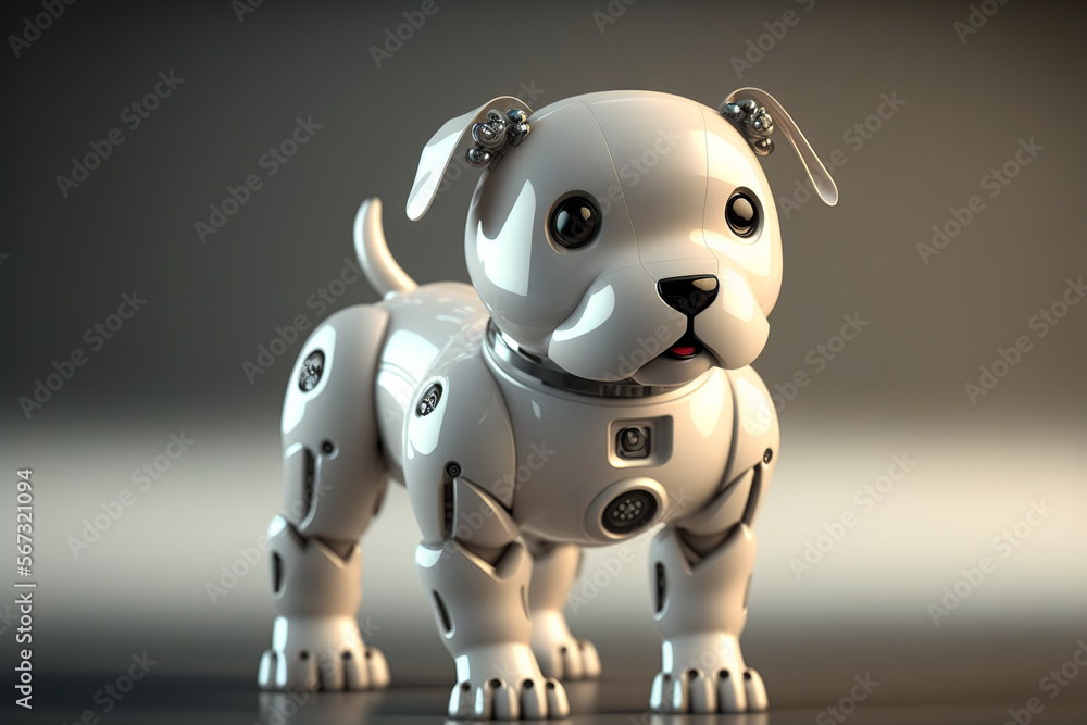 Cute robotic puppy on empty background. White happy little dog robot ...