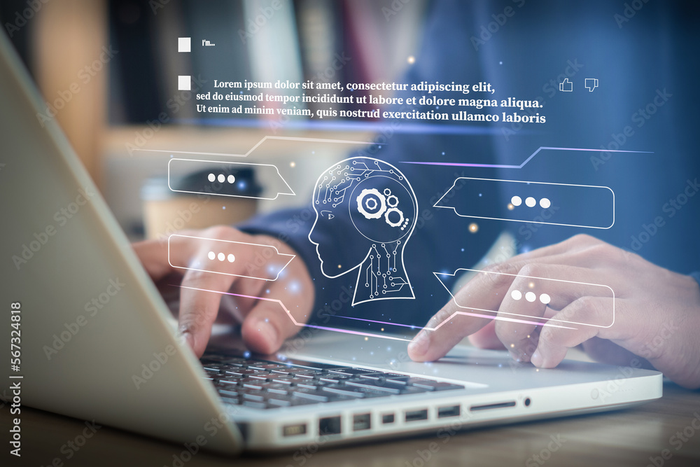 Young businessman chatting with smart AI or artificial intelligence ...