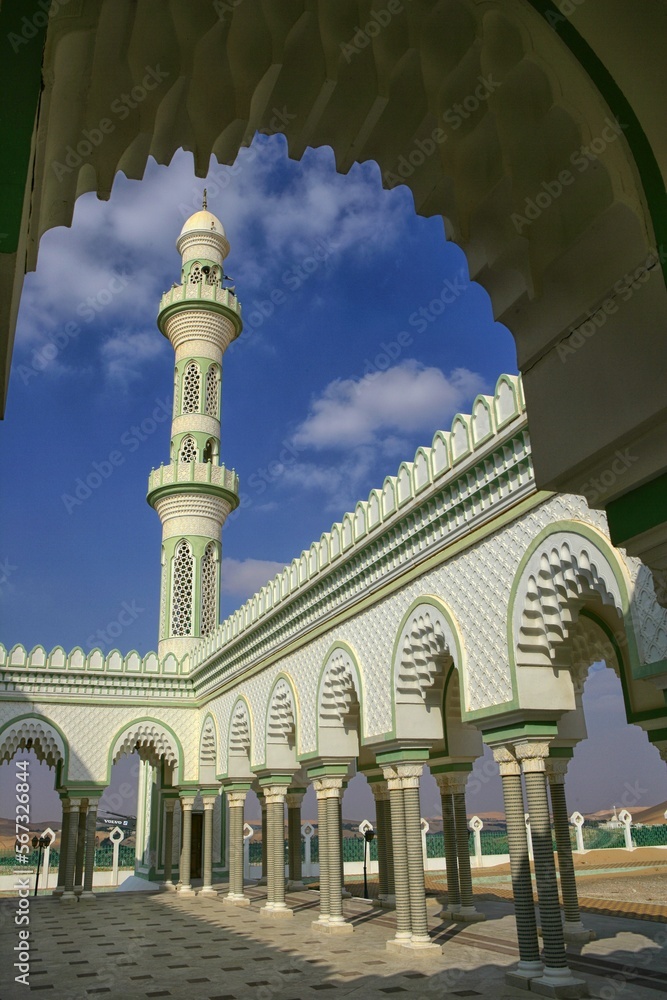 Mosque in Liwa oasis, Abu Dhabi, United Arab Emirates. Vertical shot ...