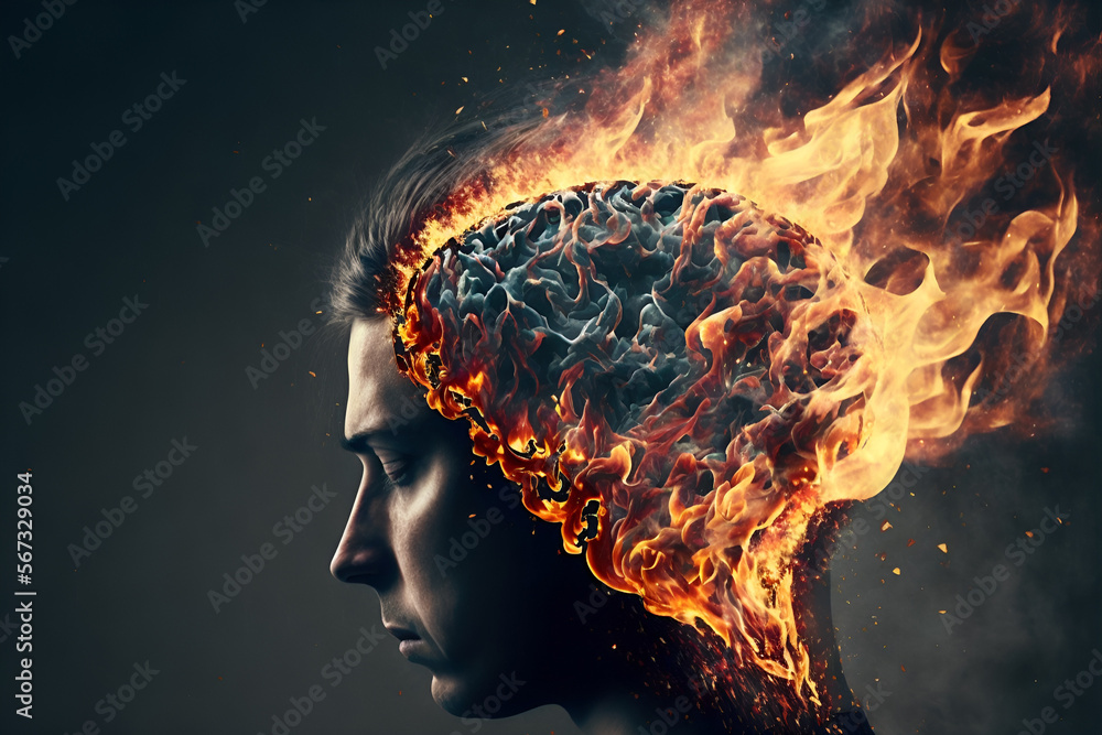 concept, an idea. head of a man with a flame of fire on black ...
