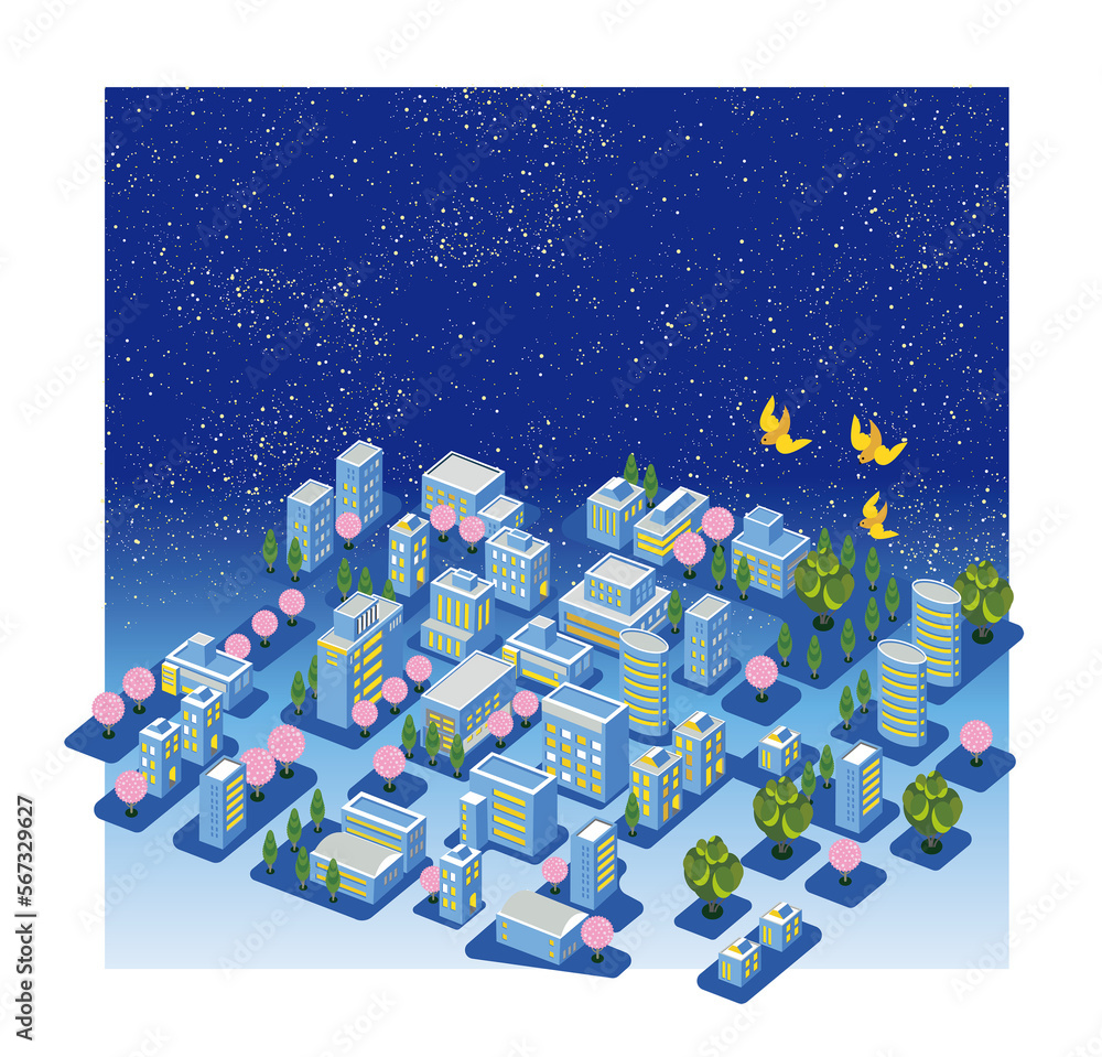 満天の星降る美しい街並みと暮らしの風景。人々が明るく暮らせる自然と住宅が溶け込む街づくり。 Stock イラスト Adobe Stock
