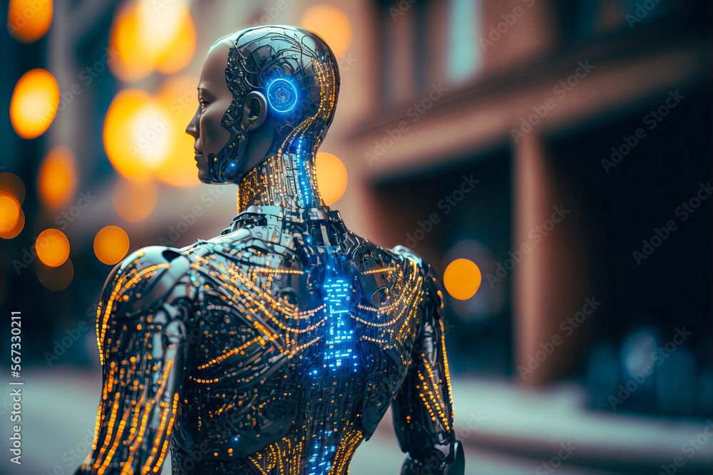 Android robot on background of cyberpunk city of future. Post-processed ...
