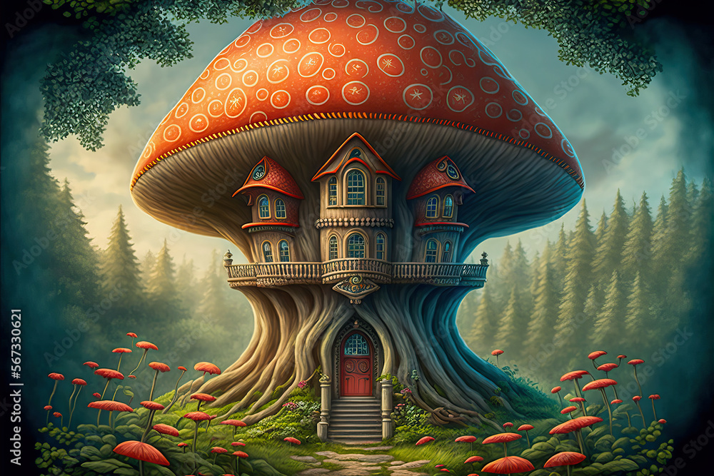Fairytale house in a giant fantasy mushroom. House of mystical creatures in a fairy forest. Post ...