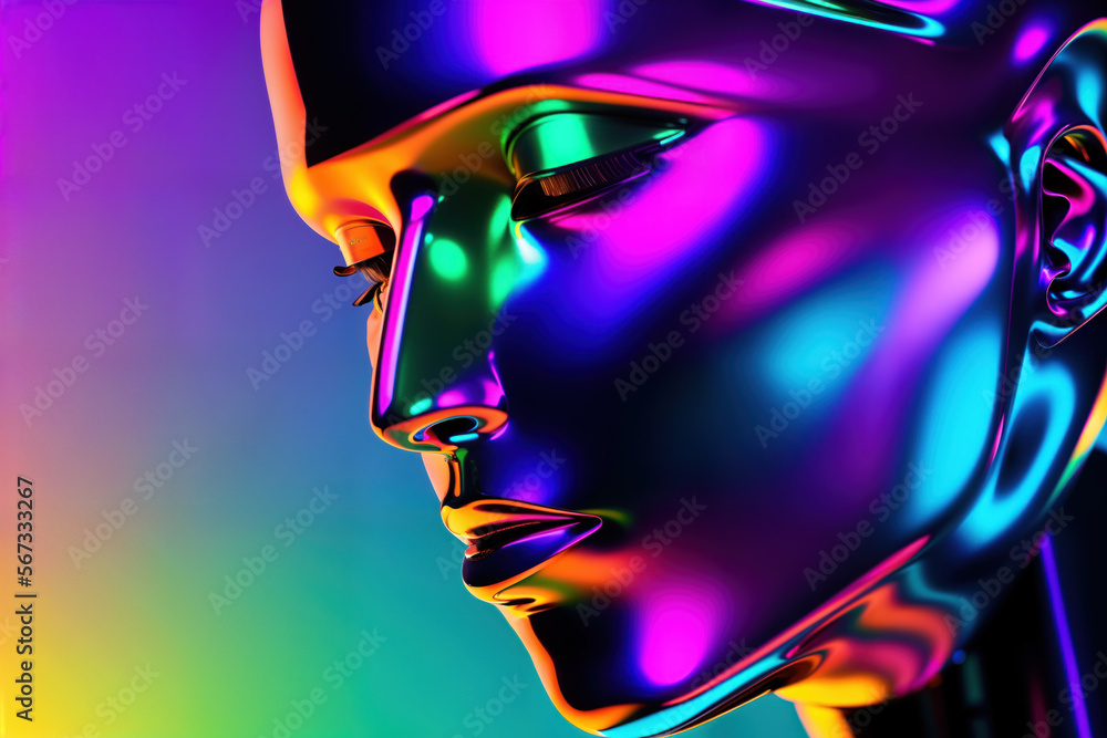 Chrome colorful robot, neon light. Artificial intelligence concept. Generative Ai Stock ...
