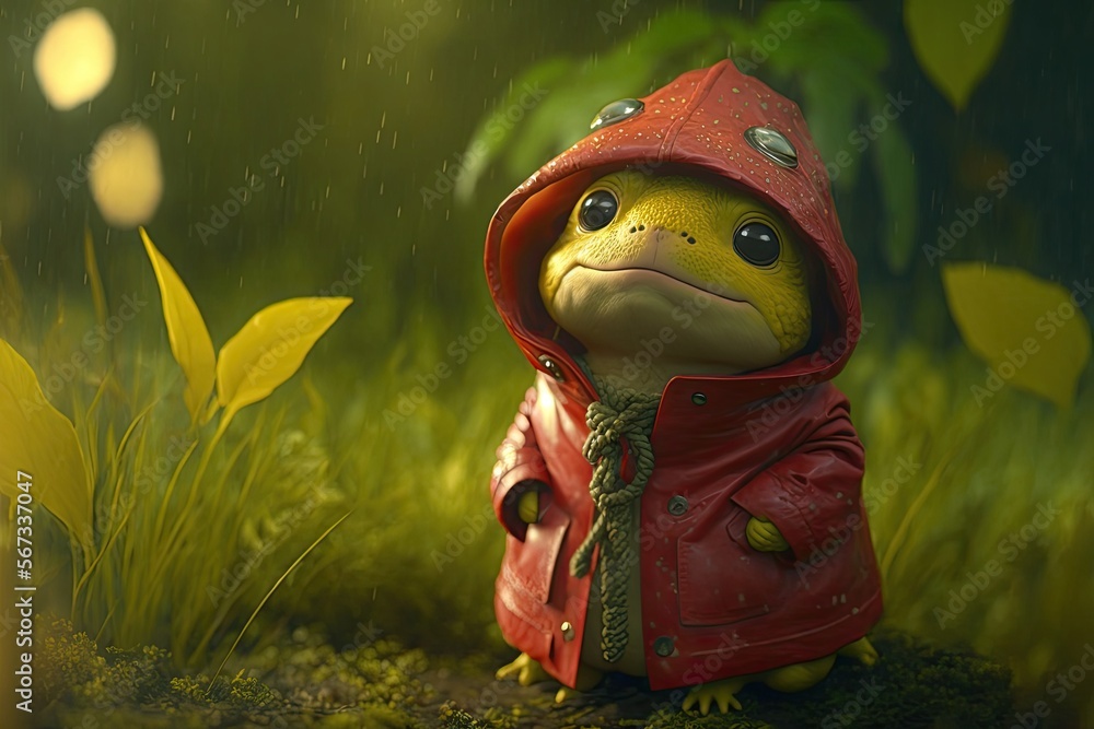 adorable little frog adventurer with a red raincoat waiting for ...