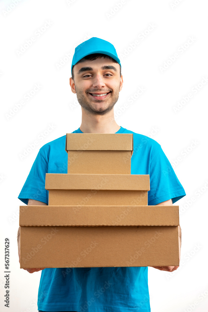 Delivery man with a box. Courier in uniform cap and t-shirt service ...