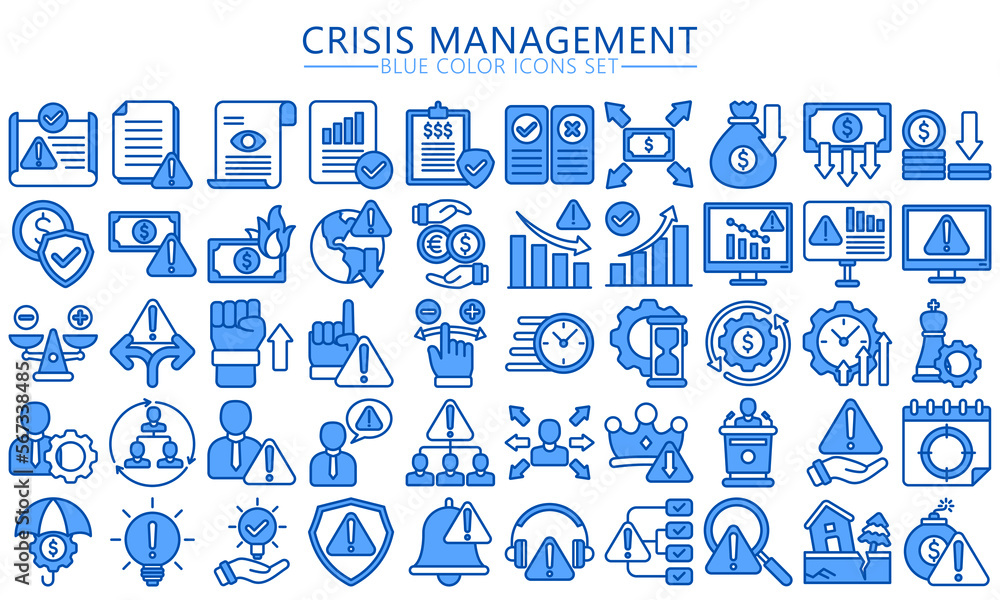 Crisis management blue color icons set. contain finance, business ...