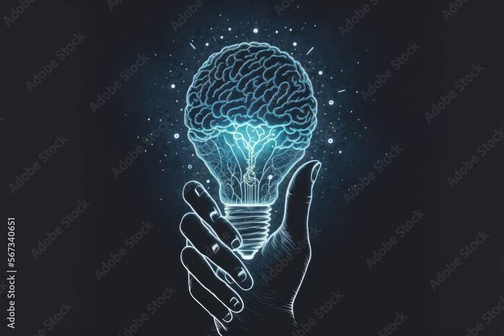 Generative AI illustration of hand holding virtual lightbulb with brain ...