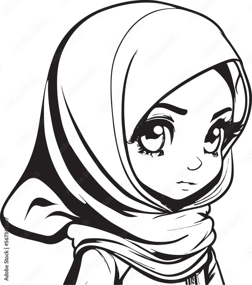 Vector drawing cute hijab women painted ink hand sketch with no ...