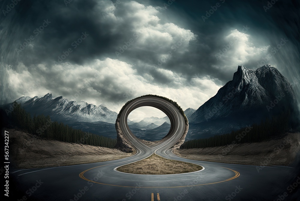 surreal road swirl in loop in wasteland, idea for obstacle and problem ...