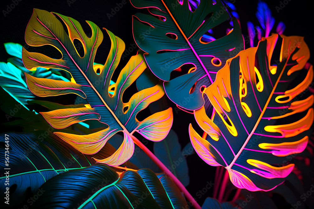 Hojas de plantas de interior con luces y colores brillantes neón ...