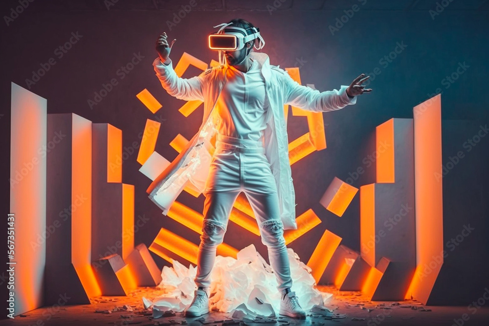 Man in white suit wearing virtual reality goggles, full body in a ...