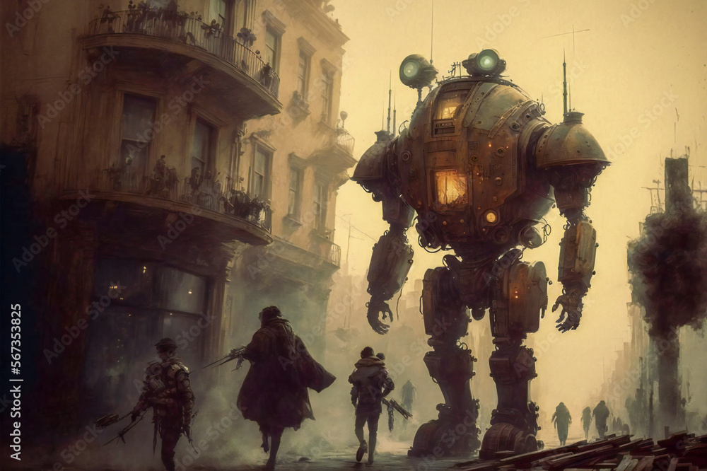 Distopian society scene with people and scary weird giant machines ...