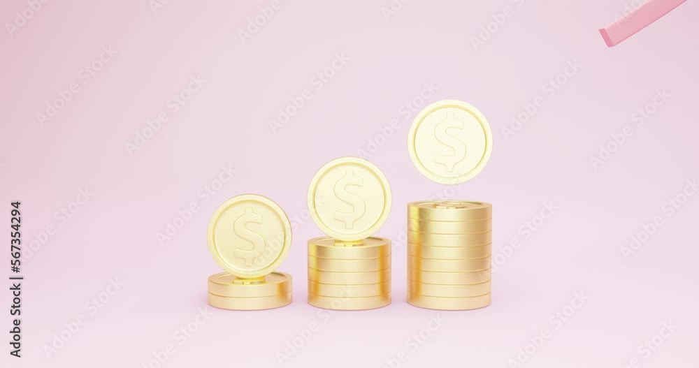 3d animation of the rotation of coins of a stack of money arrow moves ...