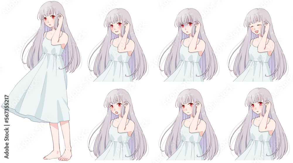 裸足で佇む白髪の女性の立ち絵、表情セット Ilustración De Stock Adobe Stock